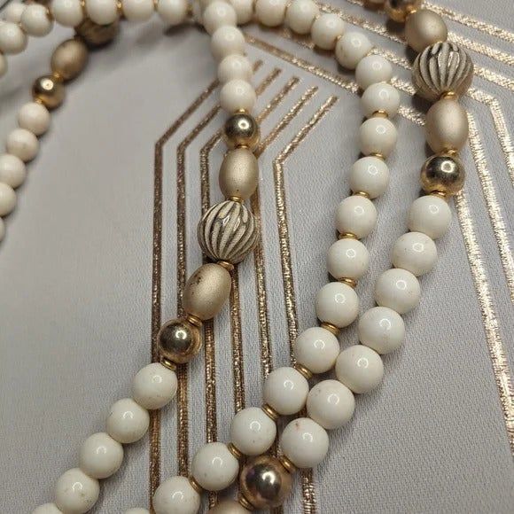 Jewelry | Vintage Alabaster White And Gold Triple Strand Necklace ...